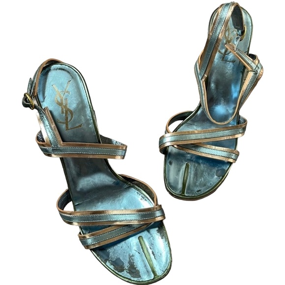 Yves Saint Laurent | Shoes | Ysl Blue Gold Metallic Y2k Strappy Peep ...